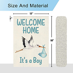 DLZDN Welcome Home Baby Boy Garden Flag Baby Shower Garden Flag 12×18 Inch Double Sided Burlap Flag Newborn Gender Reveal Lawn Yard Sign Stork Outdoor Decoration