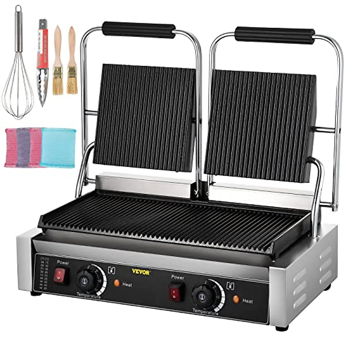 Happybuy 110V Commercial Sandwich Panini Press Grill 2X1800W Temperature Control 122°F-572°F Commercial Panini Grill for Hamburgers Steaks Bacons (Double Grooved Plates）