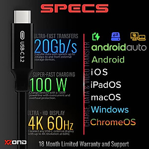 XZOND USB C to USB C 3.2 Gen 2x2 Cable - 20Gbps Data Transfer - 4K 60Hz HDR Monitor Video - 100W PD Charging - Thunderbolt Compatible - 3.3ft - for MacBooks, iPads, PC, Docks, Phones, and Android Auto