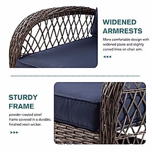 IMUsee Patio Furniture Set, 3 Pieces Swivel Rocking Chairs Outdoor Wicker Patio Bistro Set with Thick 4" Cushions, Brown & Blue