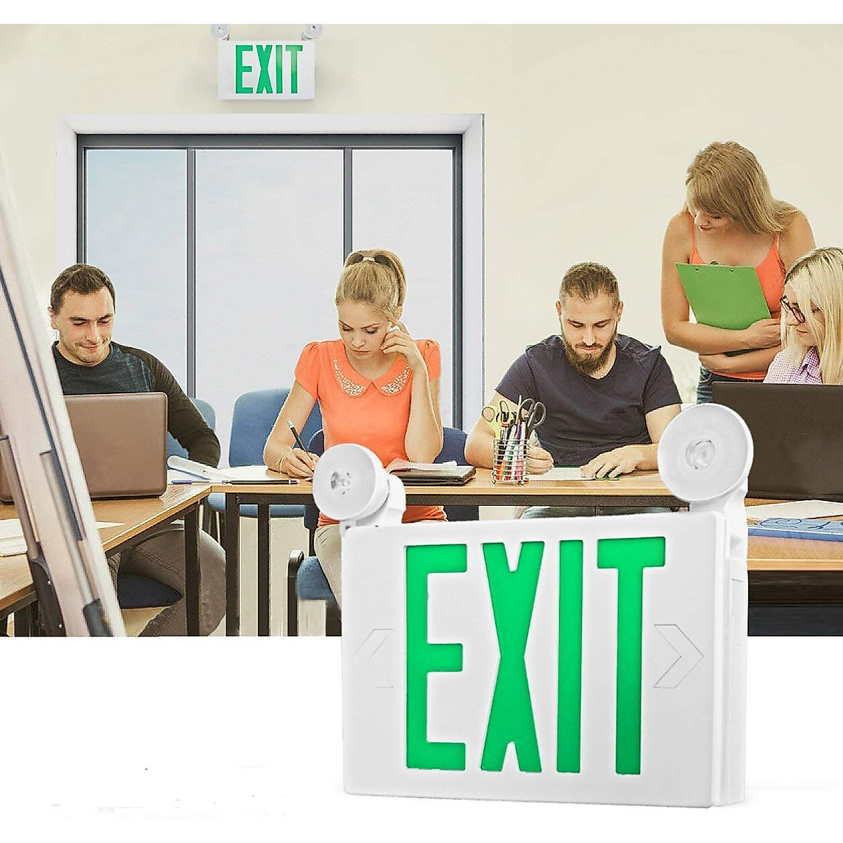 EXITLUX 1 Pack Green Led Exit Sign with Emergency Lighting Battery Backp -Two LED Adjustable Head -120V/277V-UL Listed-Exit Lighting -Dual LED Lamp ABS Fire Resistance for Power Failure.