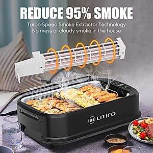 Smokeless Indoor Grill and Griddle Plates, LITIFO 1500W Electric Korean BBQ Griddle with Tempered Glass Lid, Turbo Smoke Extractor, Temperature Control and Removable Drip Tray, Black (black-2plate)