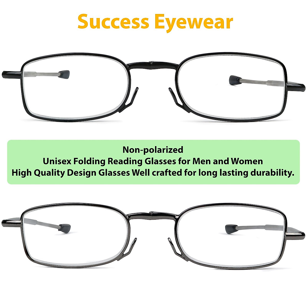 Success Eyewear Reading Glasses 2 Pair Black and Gunmetal Readers Compact Folding Glasses for Reading for Men and Women Case Included Bundle: Set of Black and Gunmetal With 2 Cases 1.5