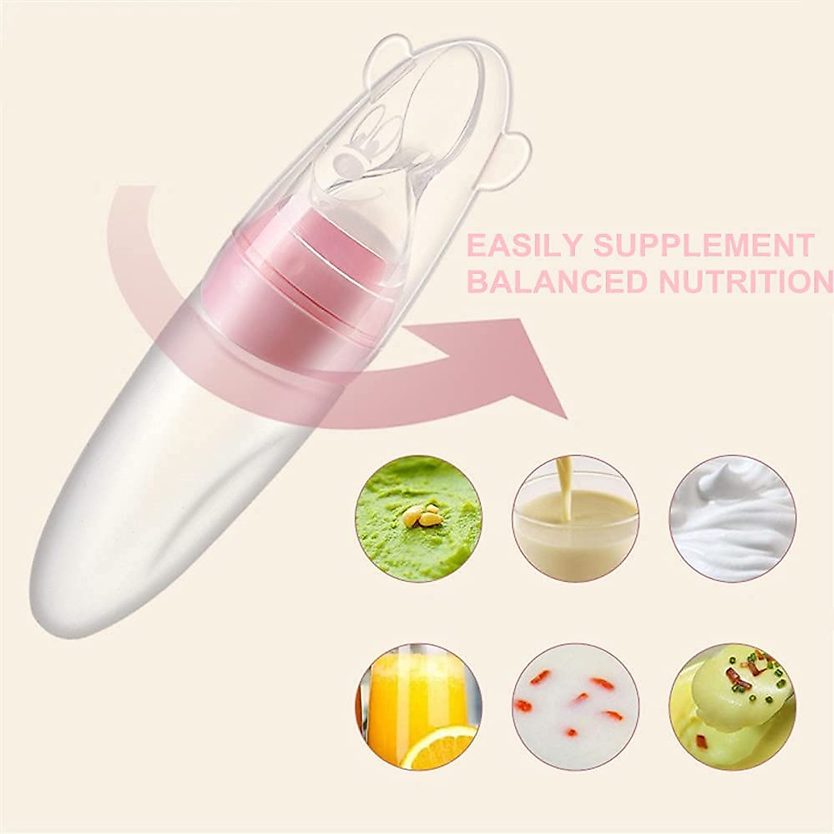Gaodear Baby Food Feeder,Cartoon Silicone Squeeze Feeding Bottle with Dispenser Spoon for Babies Infant (Pink, 3oz/90ml)