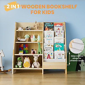 Kids Bookshelf, Solid Wood Bookshelf Bookcase Storage Organizer for Children, 4 Tier Bookshelf 5 Layer Sling Bookcase Toddler Book Rack Storage Organizer for Kids Room Nursery Play Room Kindergarten