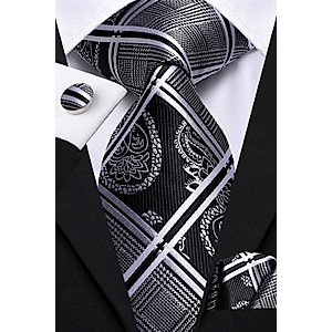 Hi-Tie 3/5 Pcs Gift Box Mens Tie Set Necktie with Pocket Square and Cufflinks Silk Neck Tie Collection,Black
