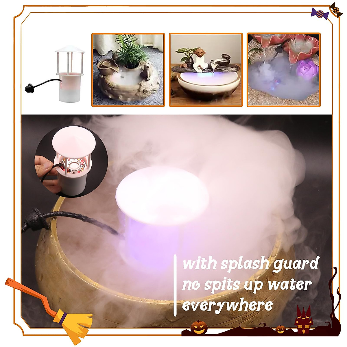 Halloween Mist Maker, Halloween LED Ultrasonic Mister Fogger with Light Witch Cauldron Diffuser Fog Machine Atomizer Bowl Terrarium High Output Humidifier Water Vaporizer with Splash Guard Float Disc