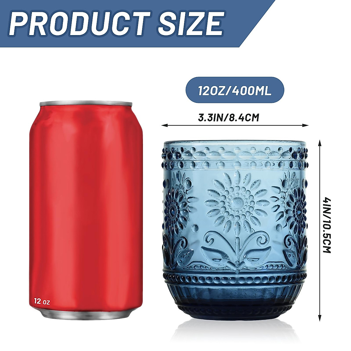 Wongblee Floral Embossed Water Glasses 12 Oz, Vintage Drinking Glasses Set of 4, Colored Glass Tumblers (Green)