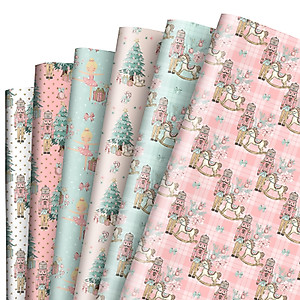 AnyDesign 12 Sheet Christmas Wrapping Paper Pink Nutcracker Gift Wrap Paper Folded Flat DIY Art Craft Paper for Birthday Party Baby Shower Packaging, 19.7 x 27.6 Inch