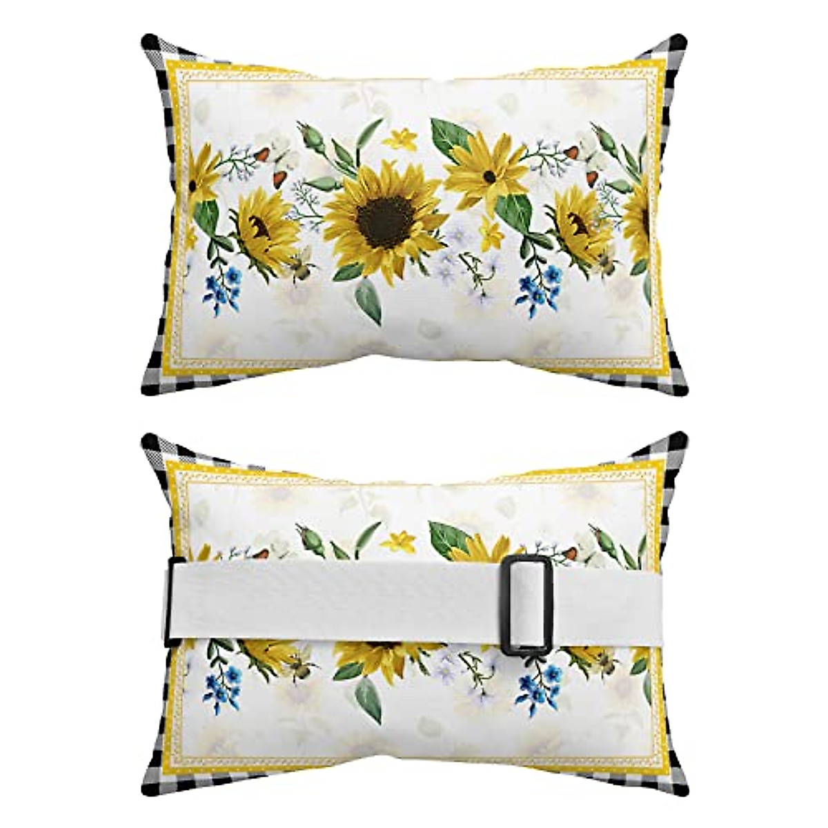 Recliner Head Pillow Ledge Loungers Chair Pillows with Insert Summer Rustic Sunflowers Yellow Black Plaid Lumbar Pillow with Adjustable Strap Outdoor Waterproof Patio Pillows for Beach Pool, 2 PCS