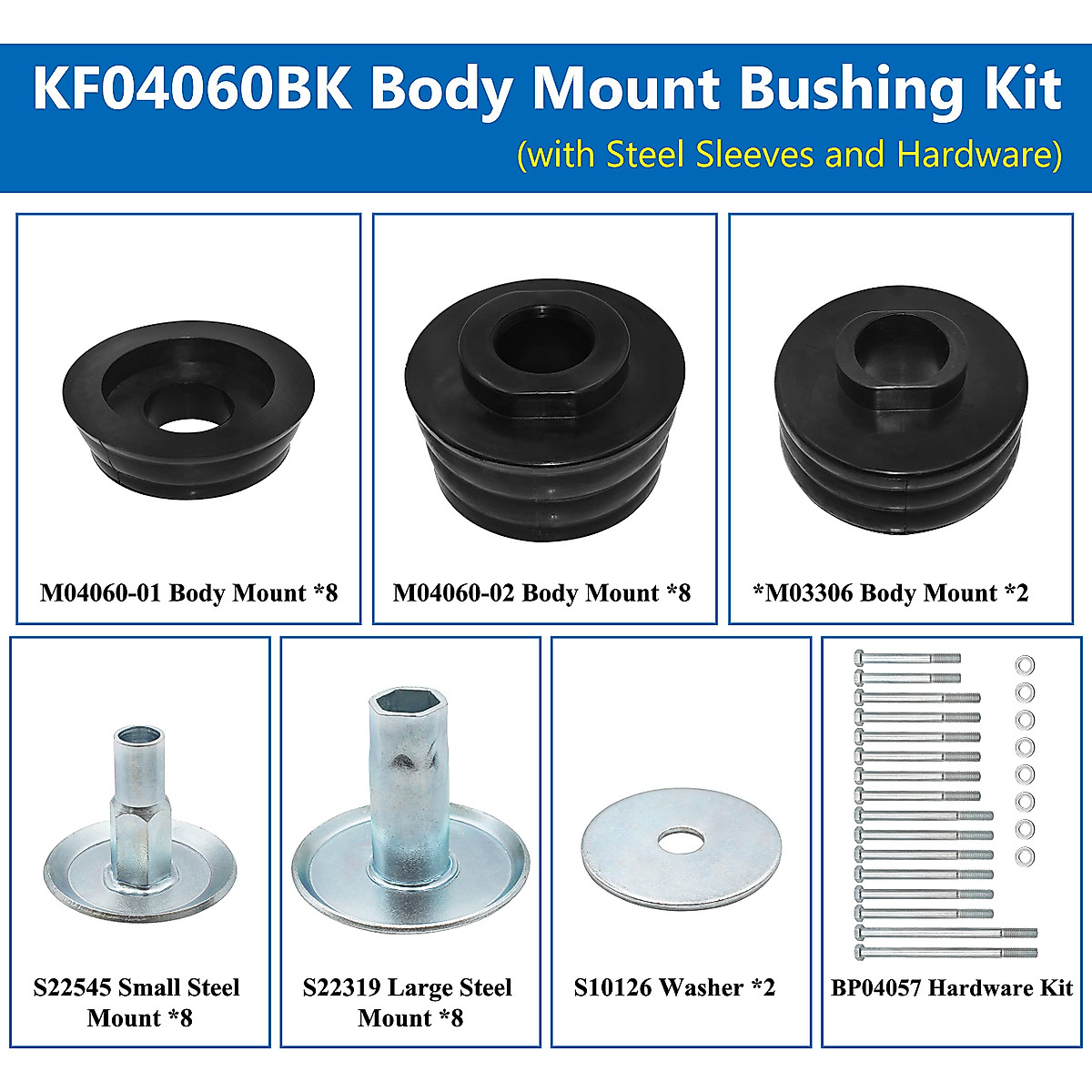 KF04060BK Body Mount Bushing Kit,Compatible with Ford F250 F350 Super Duty 2008-2016 2WD 4WD，Black