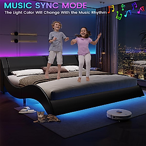 DICTAC King Led Bed Frame Modern Faux Leather Low Profile Platform Bed Frame King Size with RGB LED Lights and Headboard Wave Like Curve King Bed Frame,Wood Slats Support,Easy Assembly,Black