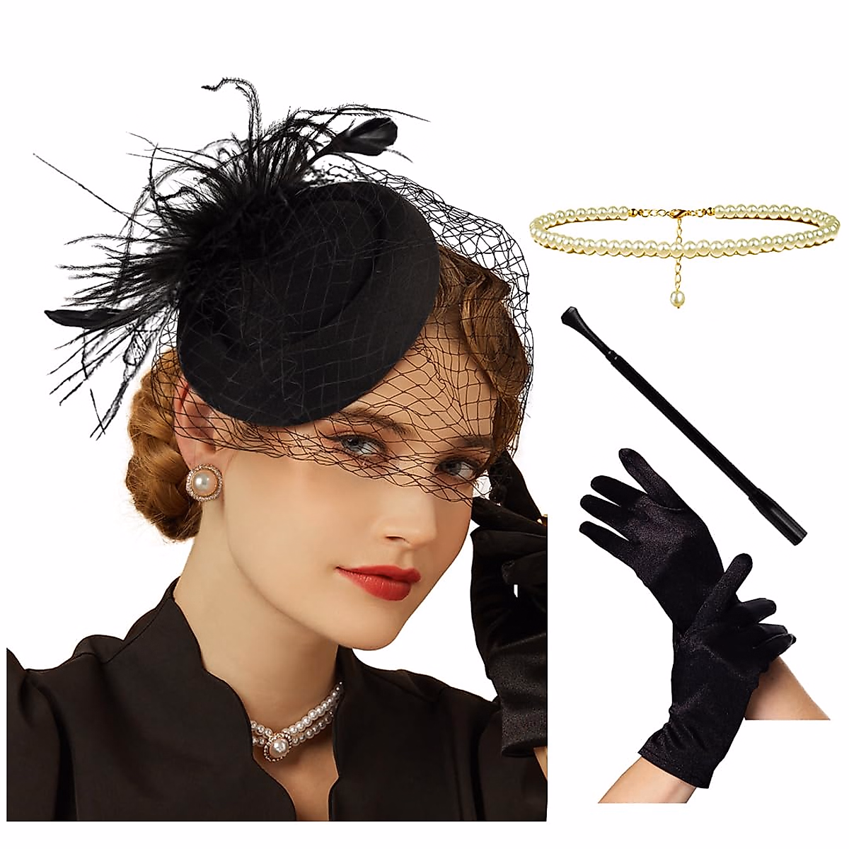 Cizoe Fascinators Hats 20s 50s Hat Pillbox Hat Cocktail Tea Party Headwear with Veil for Girls and Women(1-B1-black Set)