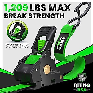 Rhino USA Retractable Ratchet Tie Down Straps (4PK) - 1,209lb Max Break Strength, includes (4) Ultimate 1" x 10' Autoretract Tie Downs with Padded Handles. Use for Boat, Securing Cargo