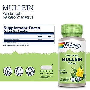 SOLARAY Mullein Leaf, Herbal Support for Healthy Respiratory and Bronchial Function 330mg, Vegan, 100 Servings, 100 VegCaps (Pack of 2)