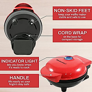 Elite Gourmet EWM015R# Electric Nonstick 4.5-inch Mini Waffle Maker, Belgian Waffles, Compact Design, Hash Browns, Keto, Snacks, Sandwich, Eggs, Easy to Clean, Red