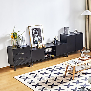 XUZENEST Modern Sideboard Buffet Cabinet Console Table, Accent Storage Cabinet Credenza Buffer Cabinet with 4 Fluted Doors for Kitchen Dining Living Room Entryway(Black)