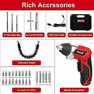 QILA Cordless Screwdriver, Screw Gun 4V Electric Screwdriver Set with Bright LED Light & Flashlight, 28 Accessory Kit & Chrger in Carrying Case, 4N.m Screw Gun, 10+1 Torque Setting, 2 Position Handle