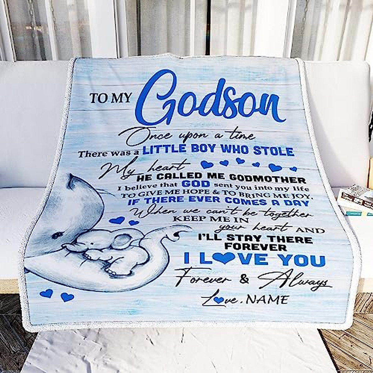 TeesNow Personalized to My Godson Elephant Blanket from Godmother I'll Stay There Forever Godson Birthday Christmas Customized Bed Quilt Fleece Throw Blanket (30 x 40'' - Baby Size) 1068