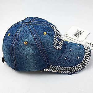 Kangqifen Women Rhinestone Pattern Distressed Denim Baseball Cap Sparkle Bling Hat Adjustable Crown