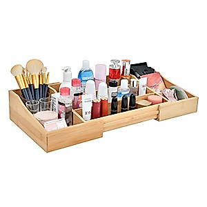 SZMJ-SN Bamboo Wood Countertop Organizer Bin Storage Box, Expandable 13.8"-22.8", for Organization Kitchen, Bathroom, Pantry, Office, Etc