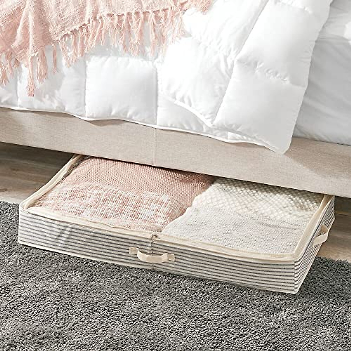 mDesign Soft Fabric Under Bed Storage Organizer Holder Bag for Clothing, Accessories, Linen - Easy-View Top Panel, Attached 2-Way Zippered Lid, Side Handles - 4 Pack - Natural/Cobalt Blue