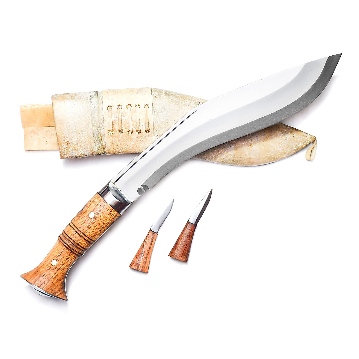 MASUM 10” Blade Operation Kukri, Panawal Full Tang Gurka Khukri, Double Fuller Sharp Blade Khukuri, Beige Leather Scabbard w/ 2 extra utility knives, Handmade in Nepal Khukri