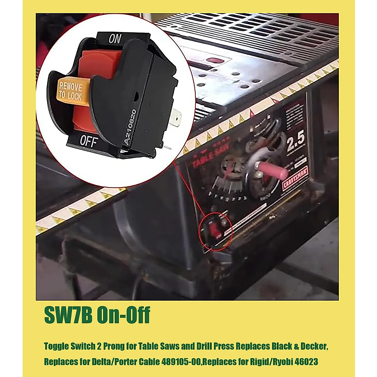 SW7B On-Off Toggle Switch 2 Prong ，Replacment for Delta,Aftermarket Replacment for Ryobi 46023 Delta/Porter Cable 489105-00 438010170141， for Table Saws Drill Press Power Tools Planer Band Saw