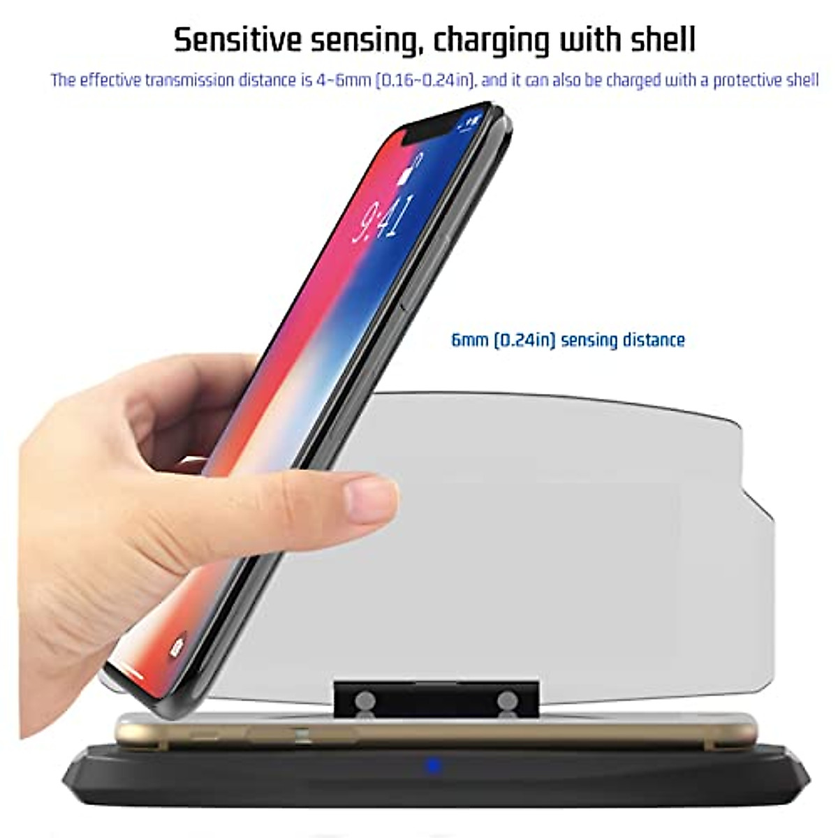 HUD Head Display Mobile Holder HUD Car Navigation Projector, Head Up Display Qi Intelligent Induction Wireless Fast Charging, Cell Phone Holder Compatible with Android and iOS