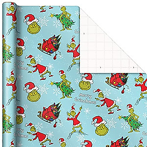 Hallmark Grinch Wrapping Paper for Kids (3 Rolls: 105 Sq. Ft. Ttl) for Christmas with Blue Tiles, White Snowflakes, Cindy Lou Who, Max