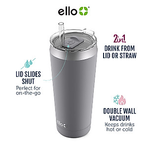 Ello Beacon Vacuum Insulated Stainless Steel Tumbler with Optional Straw, 24 oz, Grey