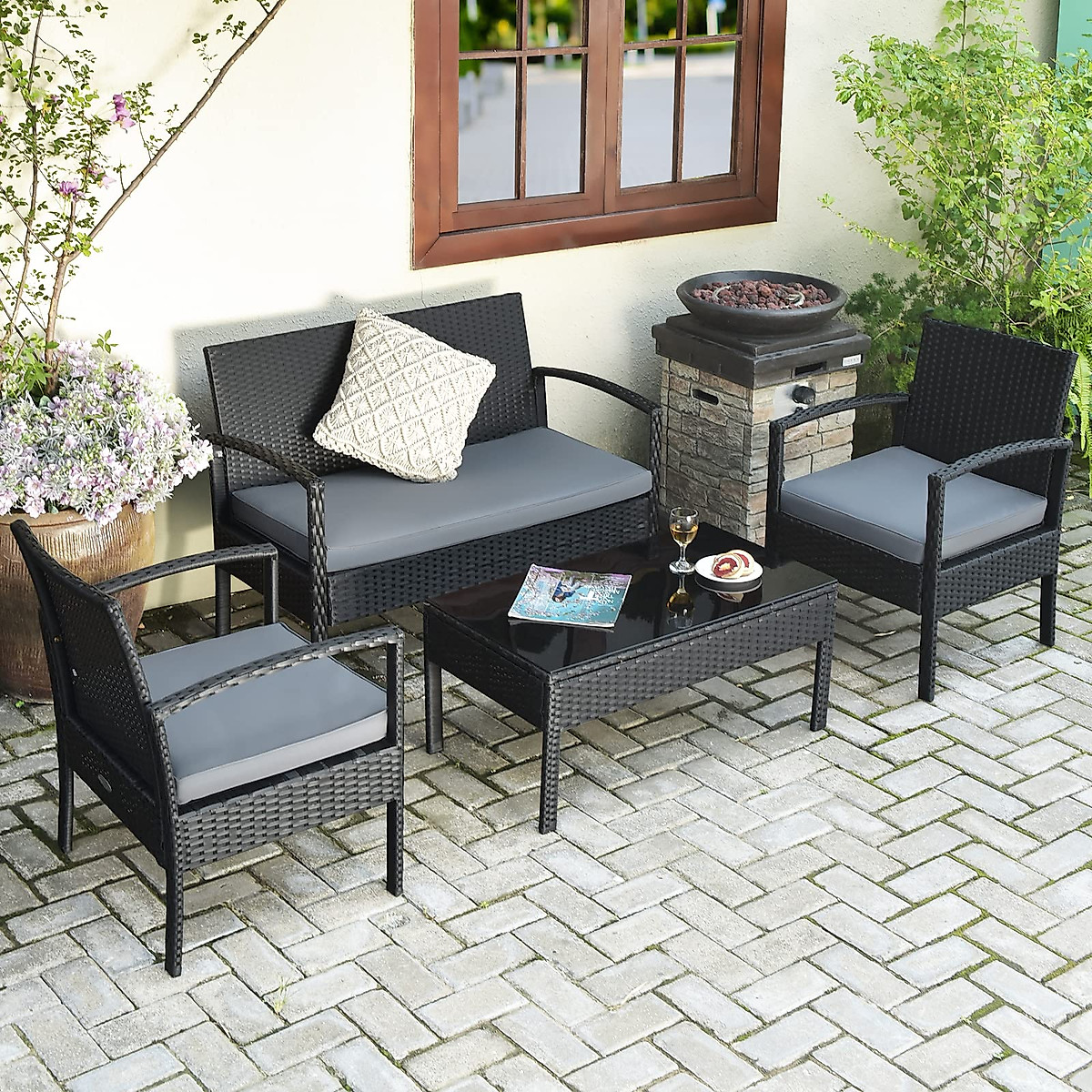 COSTWAY 4PCS Patio Rattan Furniture Set, Outdoor Wicker Conversation Set with Tempered Glass Coffee Table, Seat Cushions, Ideal for Poolside Balcony Porch Backyard