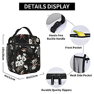 GAMSJM White Flower Lunch Box for Women, Black Insulated Lunch Bag