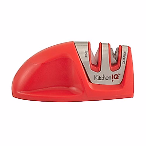 KitchenIQ 50883 Edge Grip 2-Stage Knife Sharpener, Red, Coarse & Fine Sharpeners, Compact for Easy Storage, Stable Non-Slip Base, Soft Grip Rubber Handle, Straight & Serrated Knives