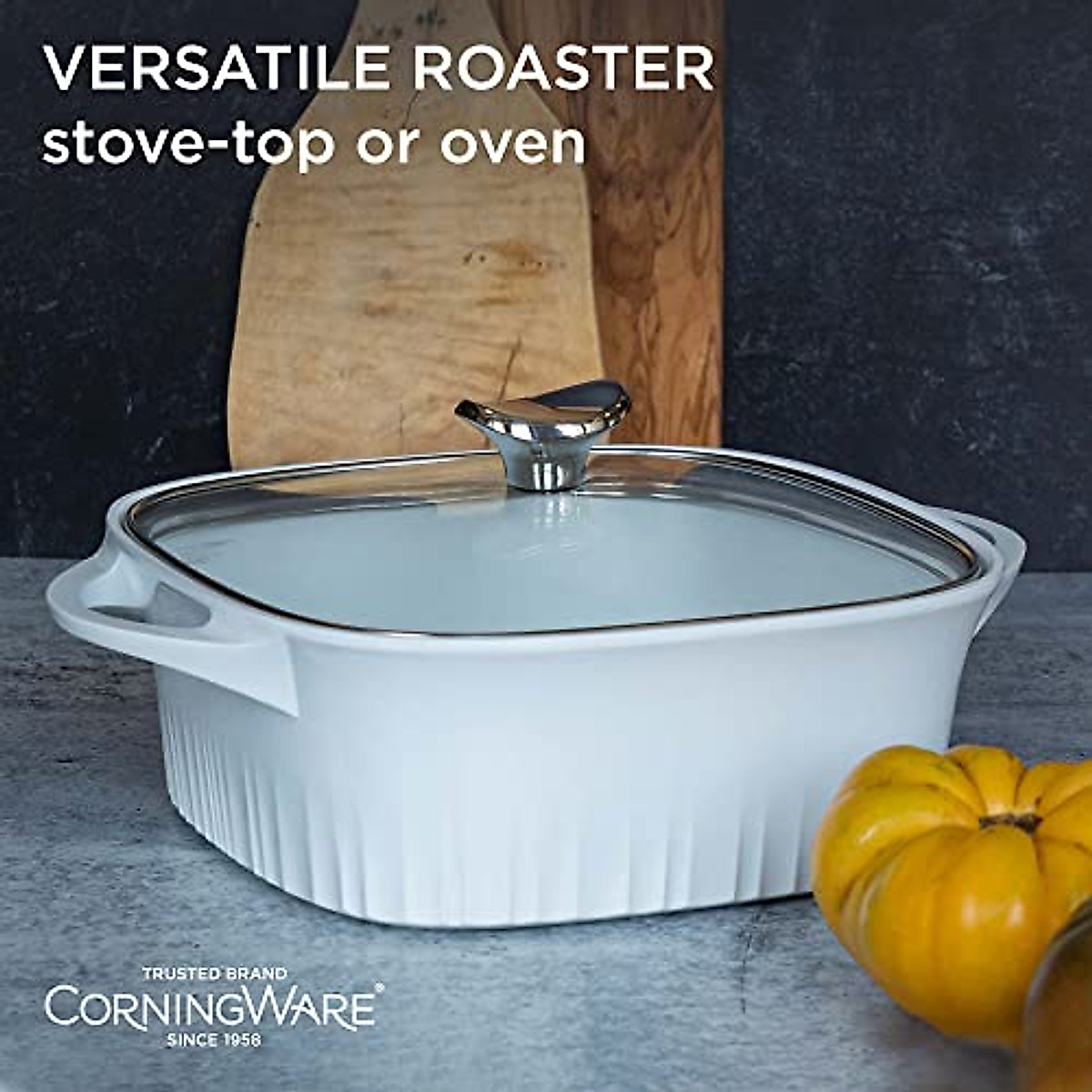 CorningWare, Non-Stick 3.2 Quart QuickHeat Roaster with Lid, Lightweight Roaster, Ceramic Non-Stick Interior Coating for Even Heat Cooking, French White