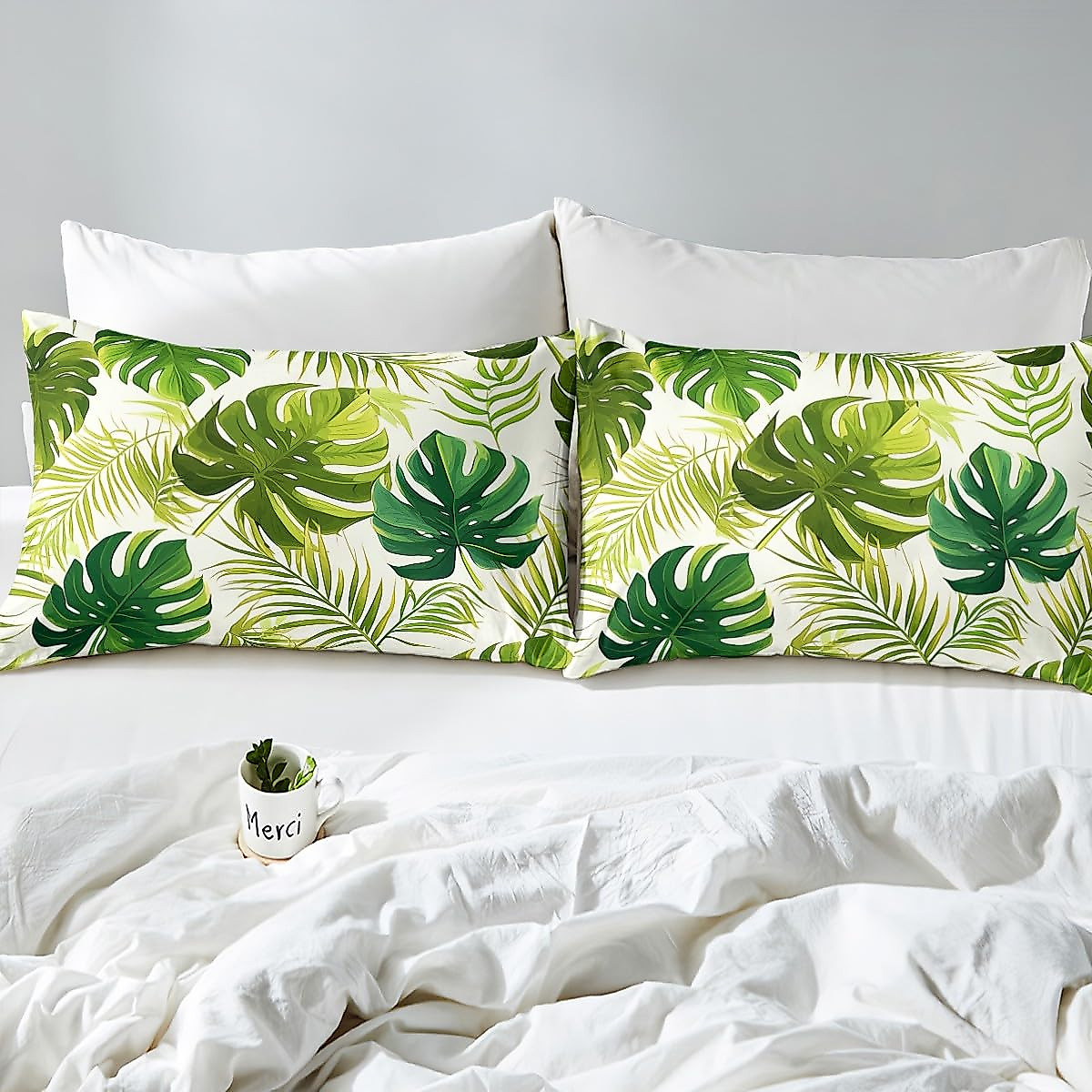 Erosebridal Botanical Leaves Comforter Cover Tropical Bedding Tree Duvet Cover Set Queen Size Green Palm Leaves Bedclothes Jungle Branches Leaf Duvet Cover+ 2 Pillow Shams for Kids Adult Room Decor