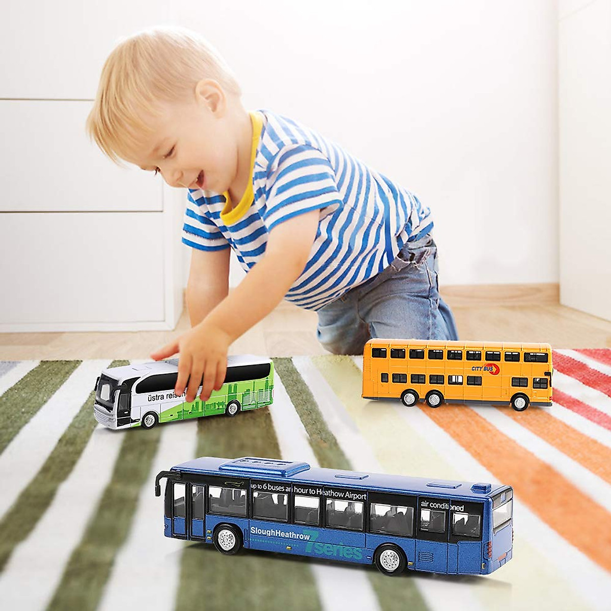 Geyiie School Bus Toy, Kids Die-Cast Metal Car Toys for Kids 3-8 Years Old Pull Back Car City Bus 1:80 Scale Double Decker London Vehicles, Cars Play Toys for Kids Easter Party Favor, Classroom Prizes