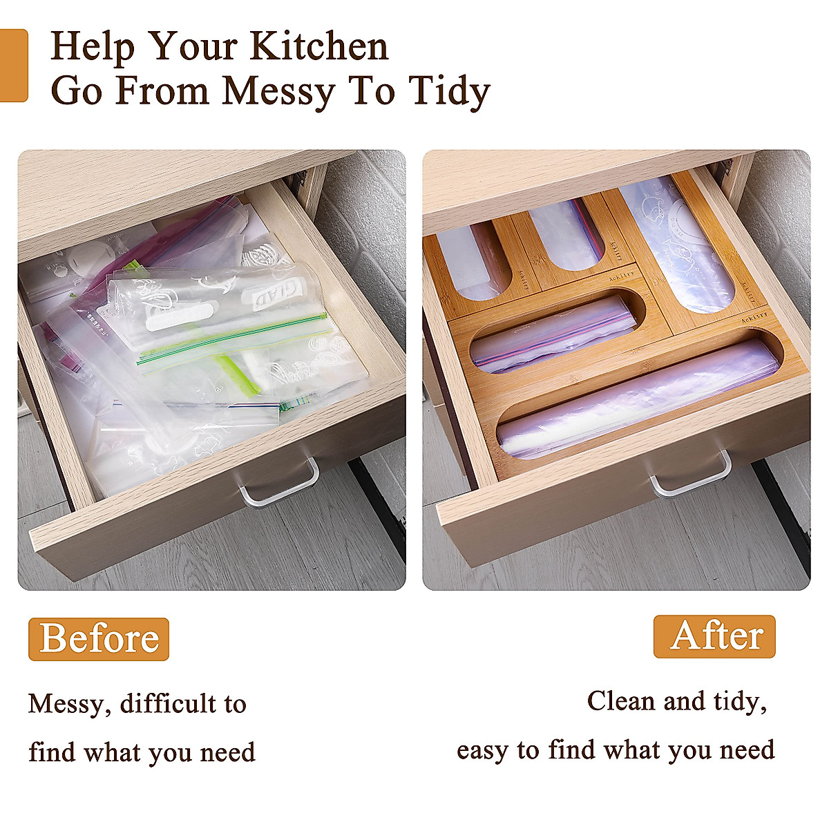 Ackitry Ziplock Bag Storage Organizer for Kitchen Drawer, 5 Pc Bamboo Premium Food Storage Bag Organizer Holders and Dispenser Compatible with Gallon, Quart, Sandwich, Snack, Candy Variety Size Bags