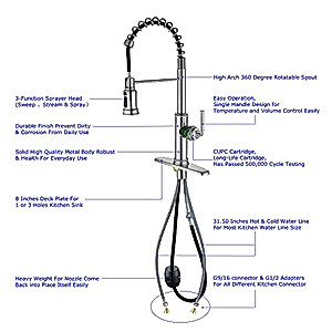 RKF Commercial Kitchen Faucet with Pull Down Spray Head,Single Lever Handle Pull Down Sprayer Kitchen Faucet with Deck Plate and Soap Dispenser,Brushed Nickel,PD05T-32/BN