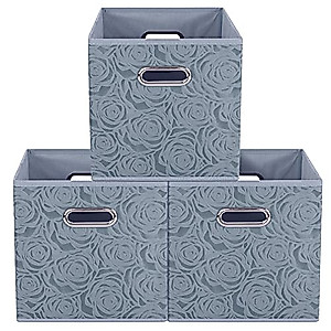 Lucky Monet 3 Pack Rose Pattern Storage Cubes Foldable Fabric Storage Bin Set with Handles Collapsible Storage Box Basket Closet Organizer Drawer (11"×11", Gray)