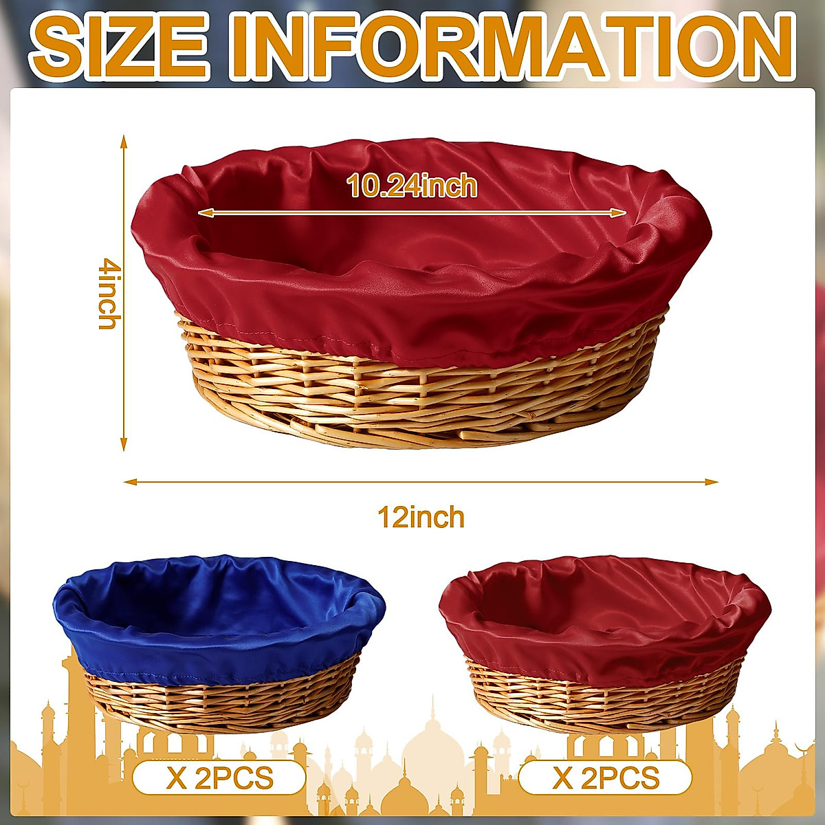 FillTouch 4 Pcs 12 Inches Round Offering Baskets for Church Wicker Basket with Removable Liner Rattan Collection Receiving Storage Basket Woven Bread Basket for Church Communion Supplies