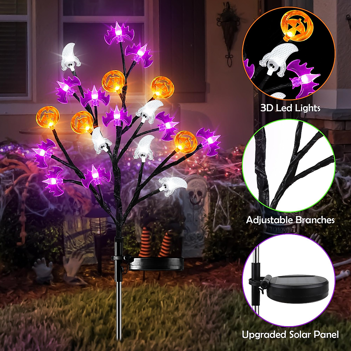 Sakayo 2 Pack Solar Lights Halloween Decorations Outdoor, Outdoor with 20 3D Ghost Bats Pumpkin LED Lights, Modes Waterproof Stake for Party Lawn Decor DCD1242