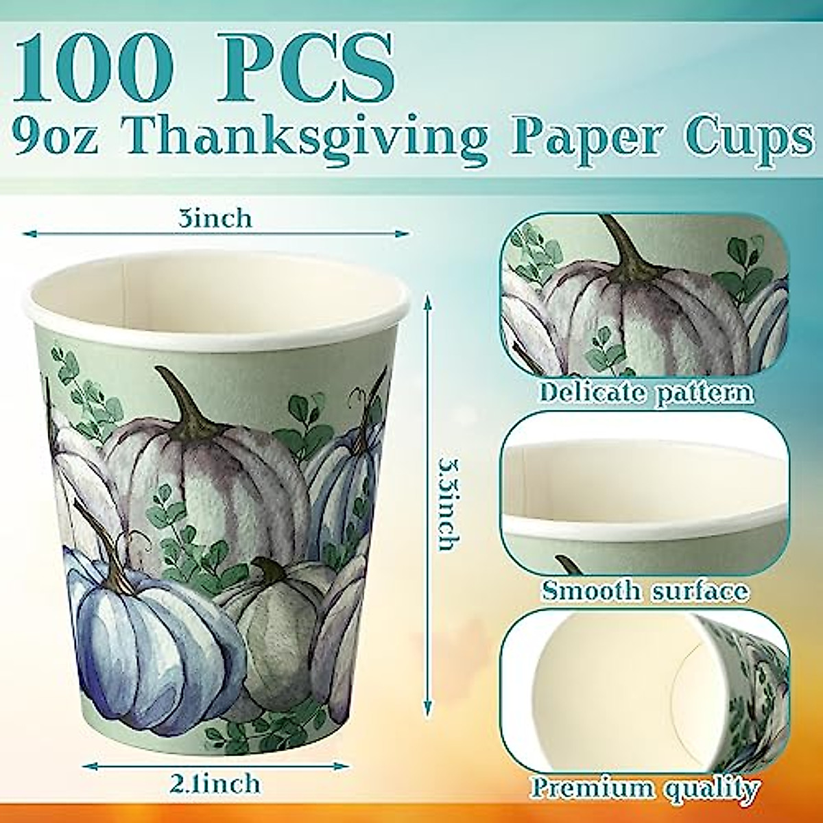 Umigy 100 Pcs 9 oz Fall Disposable Paper Cups Pumpkin Cup Thanksgiving Party Supplies Pumpkin Maple Leaves Cups for Coffee Juice Hot Cold Drink Thanksgiving Decorations(Simple Pumpkin)