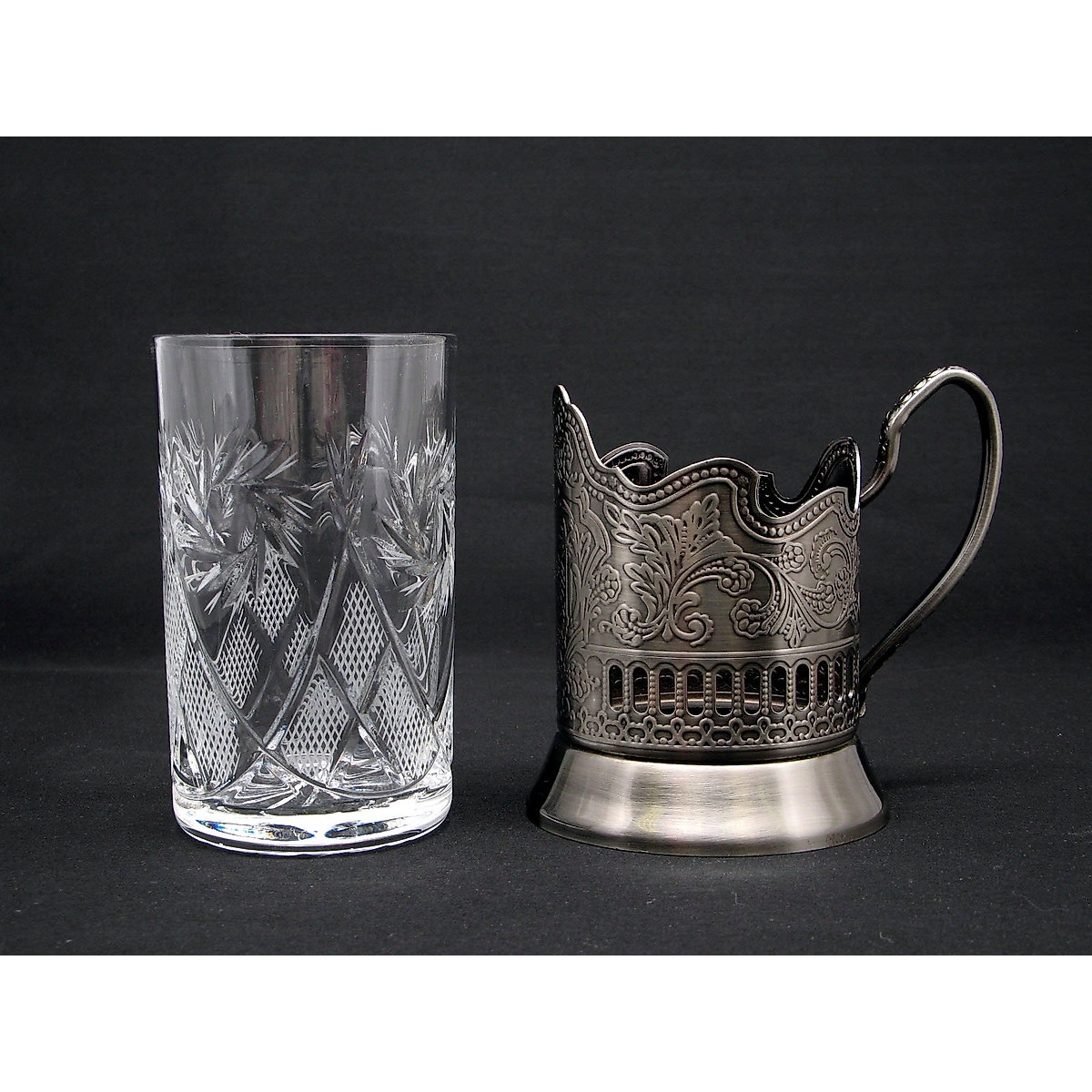 Combination 6 Russian CUT Crystal Drinking Tea Glasses W/metal Glass Holders "Podstakannik" for Hot or Cold Liquids