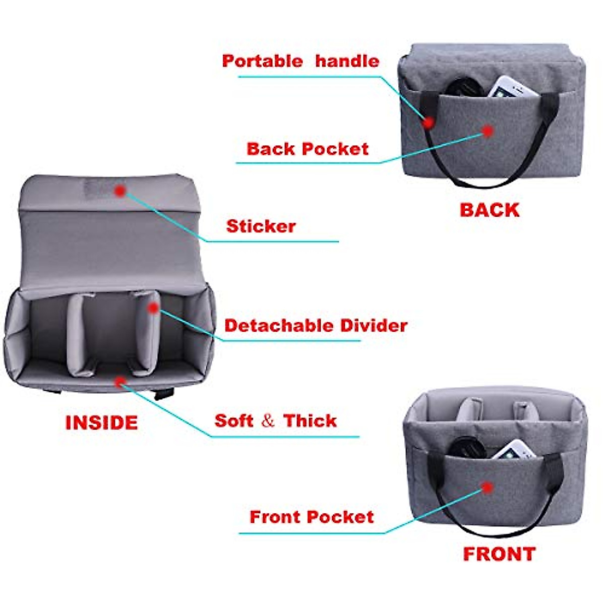 BOMKEE Camera Inserts Protective Bag Padded Insert Camer Cube Water Resistant DSLR SLR Case Foldable Liner for Sony,Canon,Nikon,Olympus Camera Lens Accessories Grey