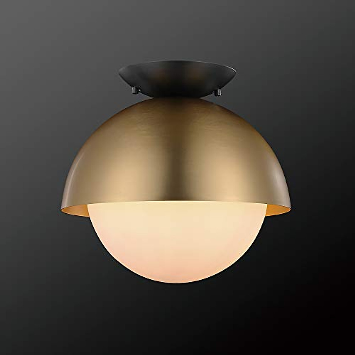 Globe Electric Oswald 1-Light Flush Mount, Matte Brass, Matte Black Accent Canopy, Frosted Glass Shade