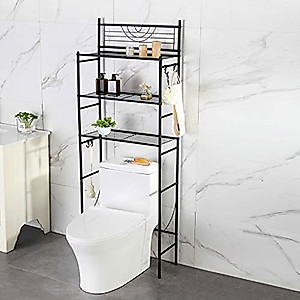 Kimzda 3-Tier Bathroom Over The Toilet Storage Rack Free Standing Metal Frame Shelf Organizer, with 4-Hooks, Black