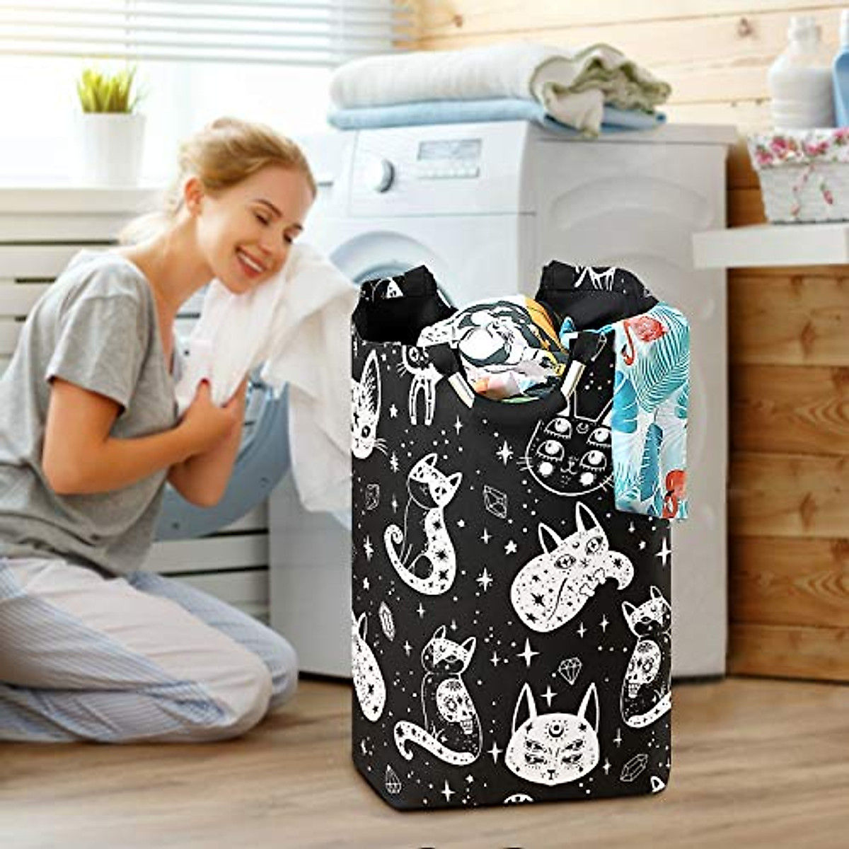 Oyihfvs Witch's Cat Seamless Laundry Hamper Basket Bucket, Foldable Dirty Clothes Bag, Waterproof Fabric Washing Bin, Toy Storage with Handles for Bathroom Bedroom Dorms