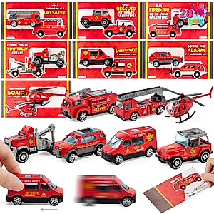 JOYIN 28 Packs Valentines Day Cards with DieCast Fire Rescue Vehicles Toys for Kids Valentine Party Favor, Classroom Exchange Prize and Gifts for Boys, Valentine’s Greeting Cards