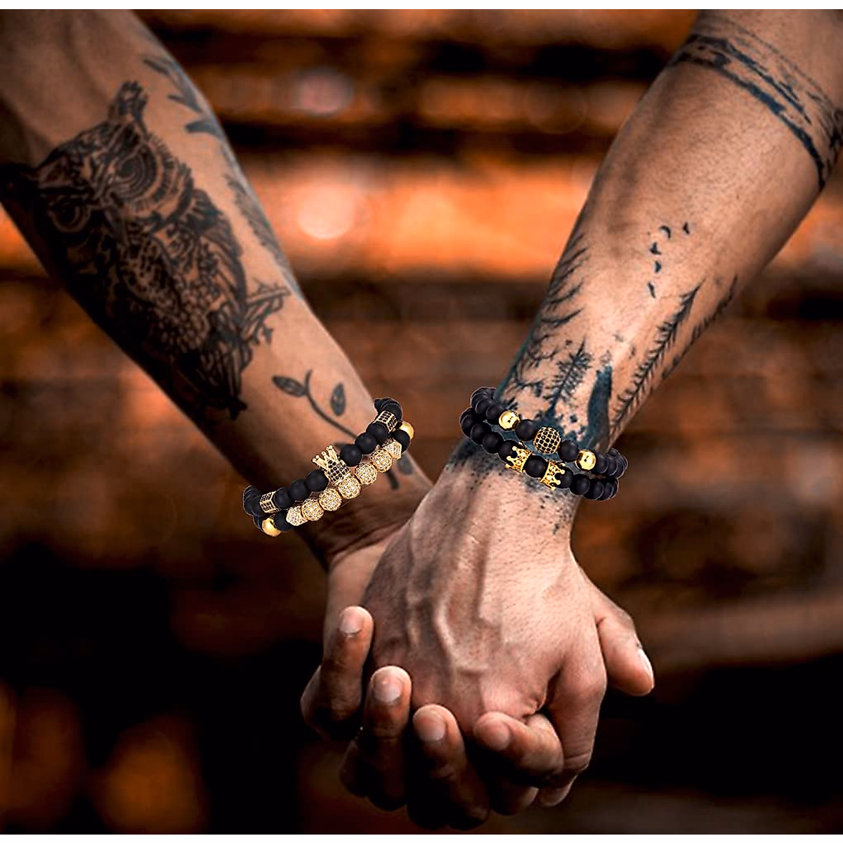 SONNYX 4Pcs 8mm Crown King Charm Beads Bracelet for Men Women Natural Black Matte Onyx Stone Beads Elastic Adjustable